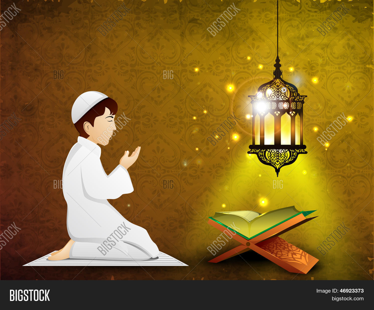 Little Muslim boy in traditional dress praying( reading Namaj, Islamic ...